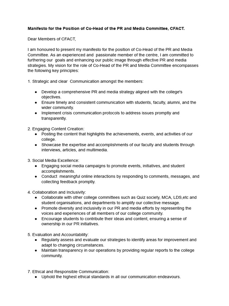 CFACT PR Committee Co-Head Manifesto | PDF | Social Media | Popular ...