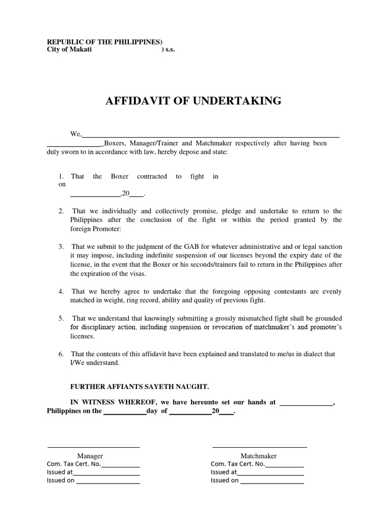 Affidavit of Undertaking (New) - Fights Abroad | PDF | Document ...