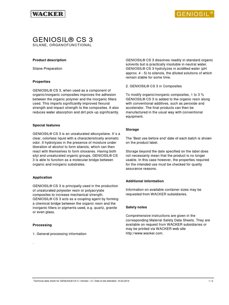 TDS Geniosil CS-3 | PDF | Composite Material | Water