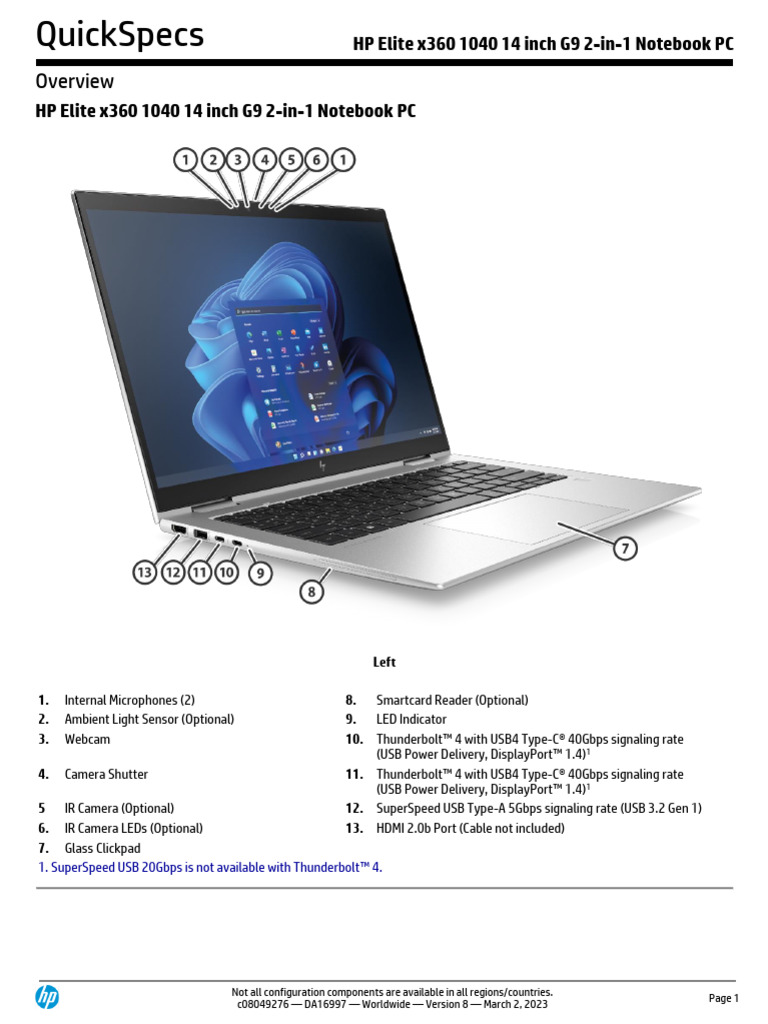 HP Elite x360 1040 G9 Datasheet | PDF | Windows 10 | Microsoft Windows