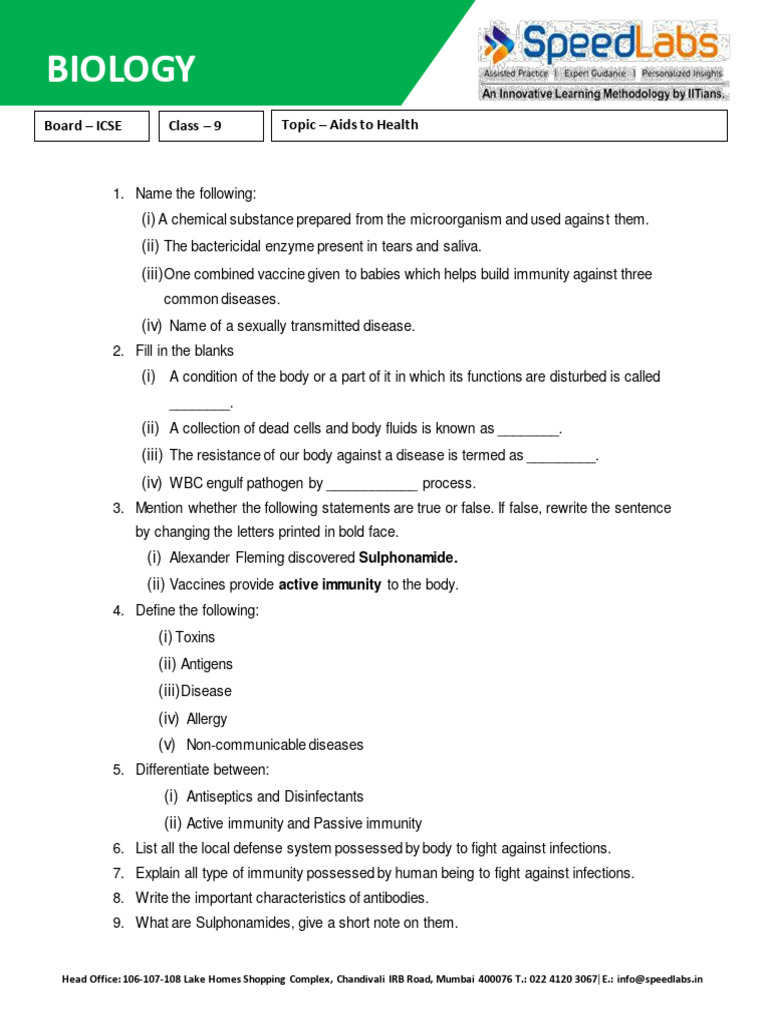 Aids To Health - Important Qs - Important Questions - ICSE | PDF | Immune System | Vaccines