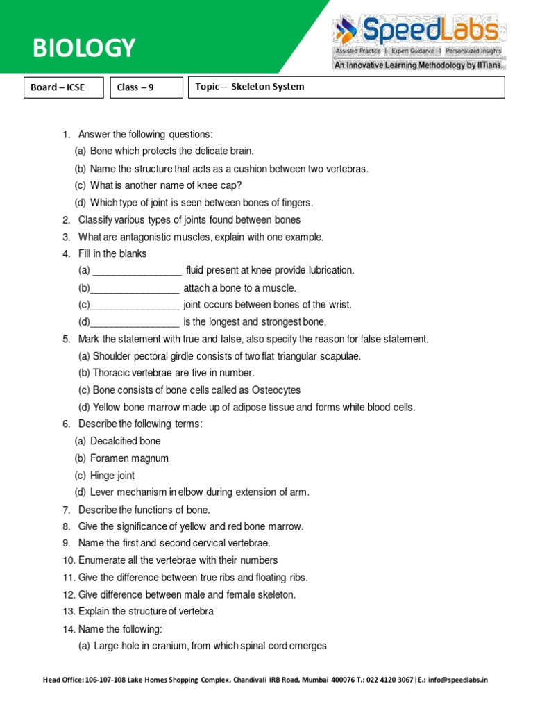 Skeletal System Important Qs Important Questions ICSE 995963bf 28ef ...