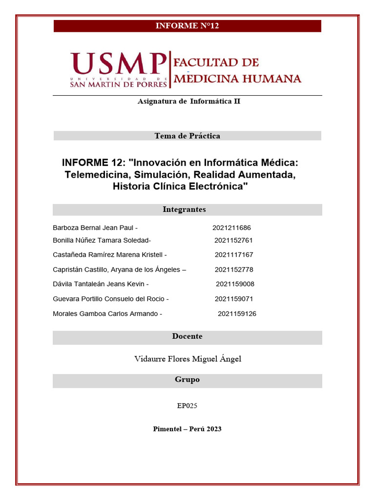 Informe 12 Informática II | PDF | Realidad aumentada | Cuidado de la salud