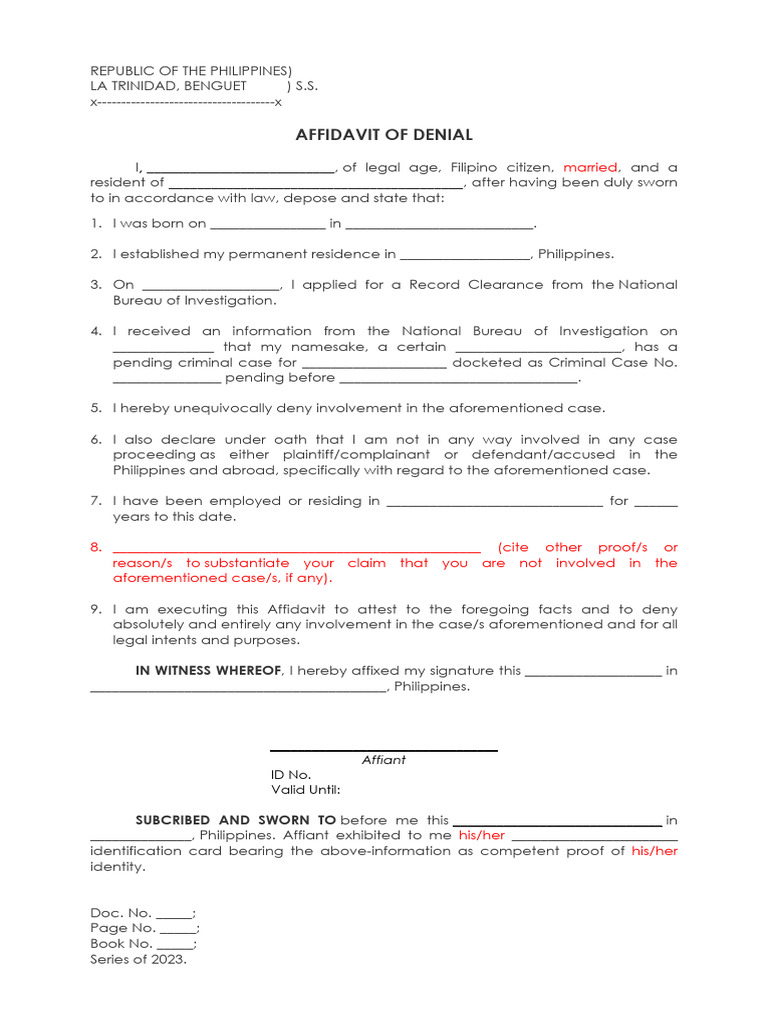 Affidavit of Denial Template Philippines | PDF | Politics