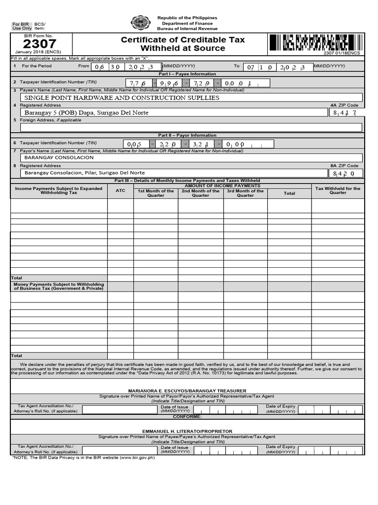 Form 2307 | PDF | Value Added Tax | Stocks
