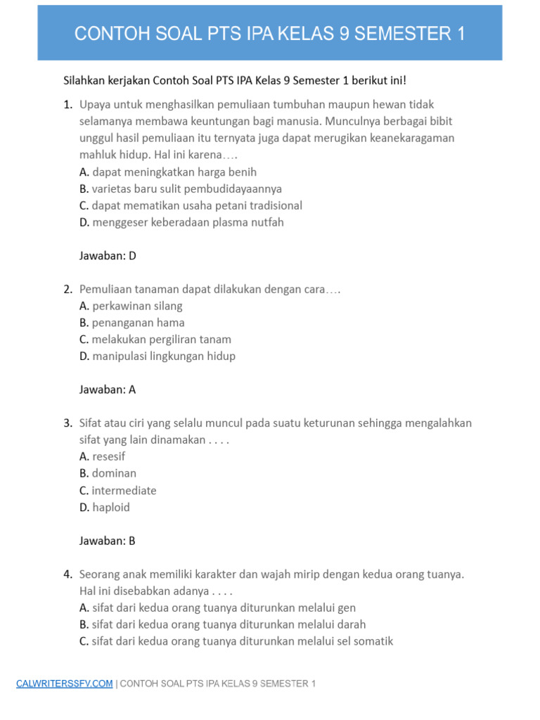Contoh Soal PTS IPA Kelas 9 Semester 1 | PDF
