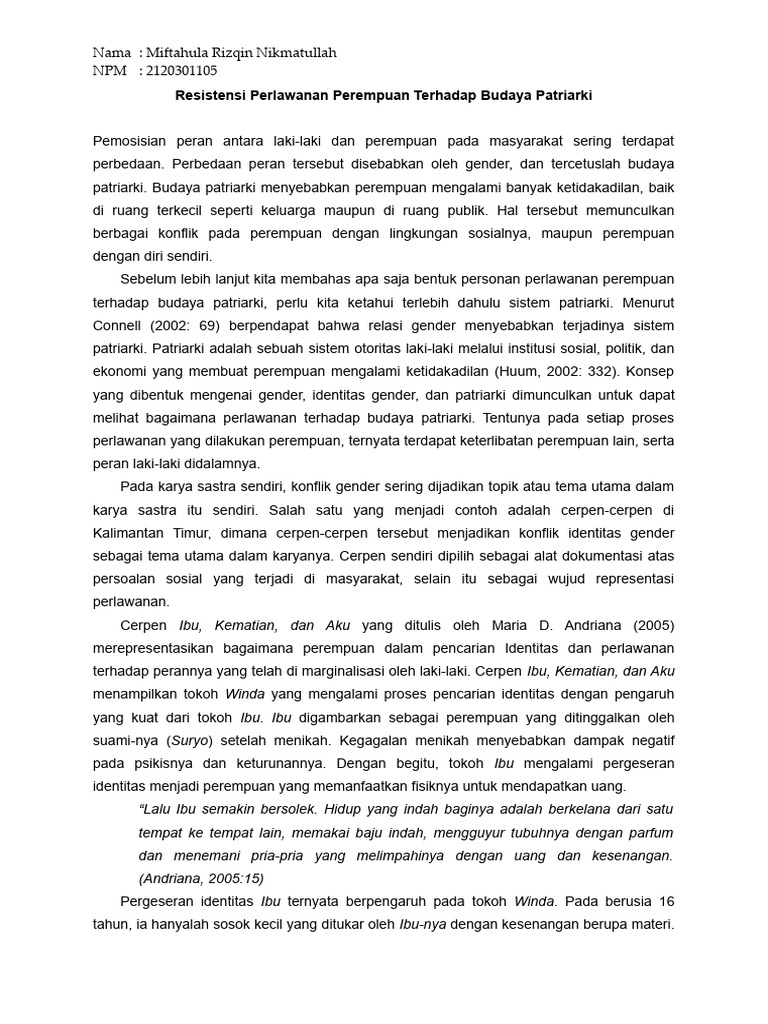 Resistensi Tokoh Perempuan Terhadap Budaya Patriarki Dalam Cerpen | PDF