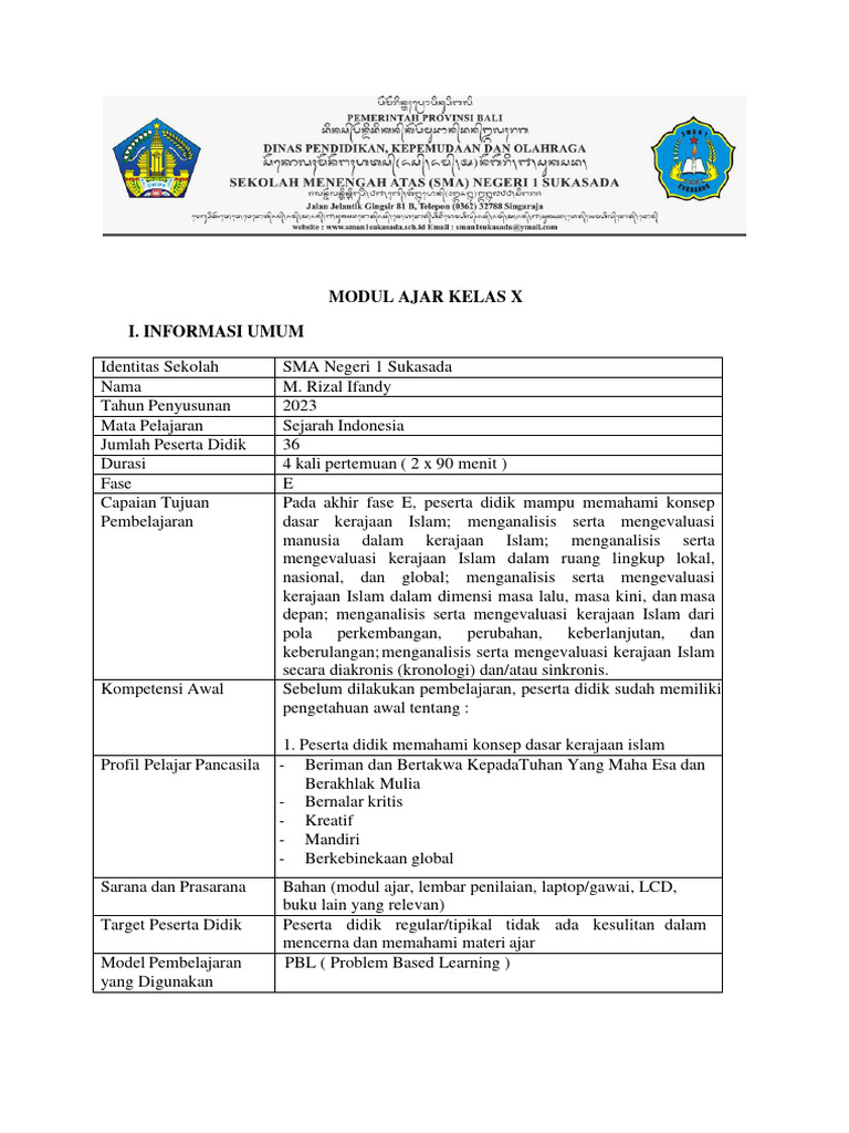 MODUL AJAR SEJARAH KELAS X - M. Rizal Ifandy - 2014021018 | PDF