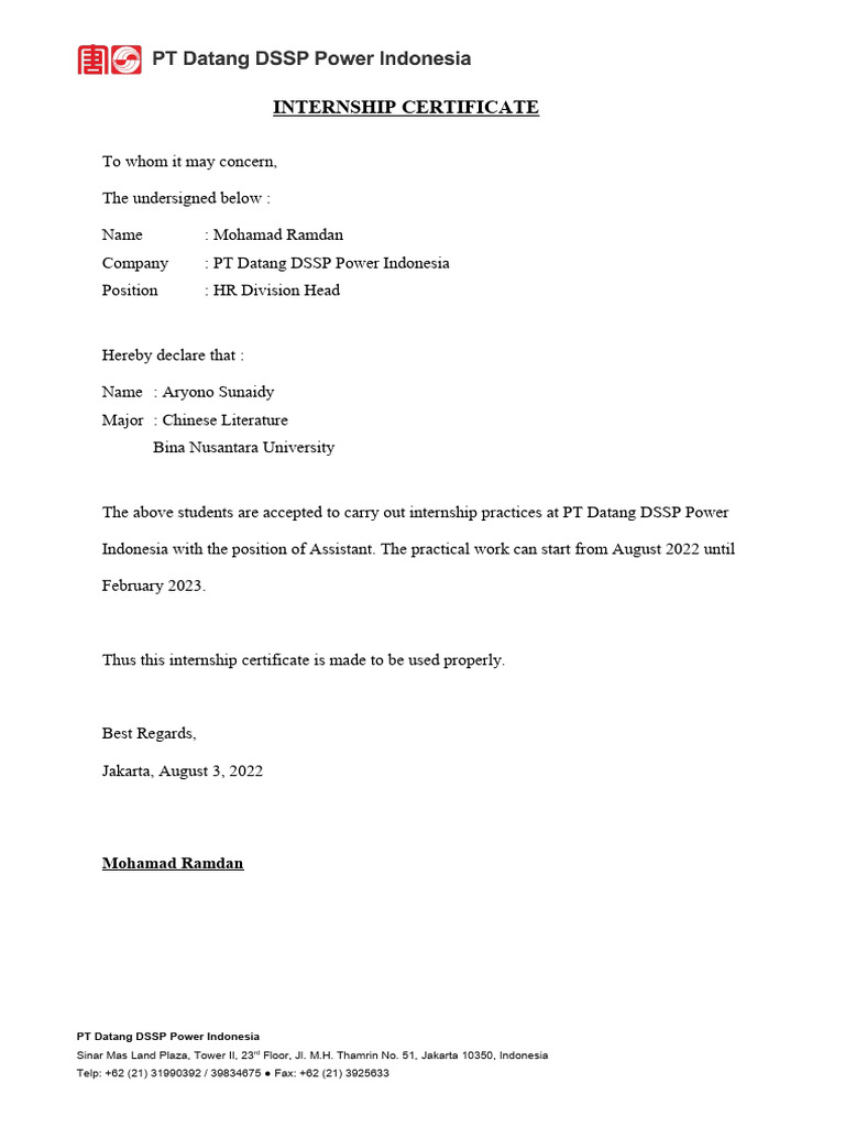 Intership Certificate Binus | PDF