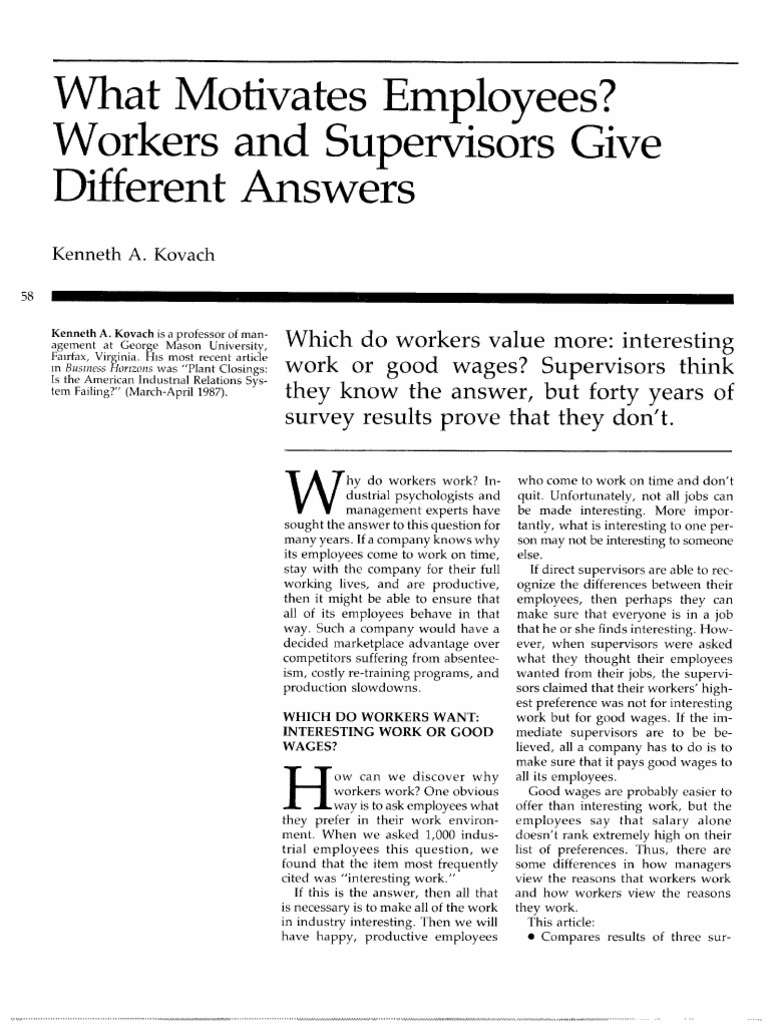 Kenneth Kovach - Questionnaire A | PDF