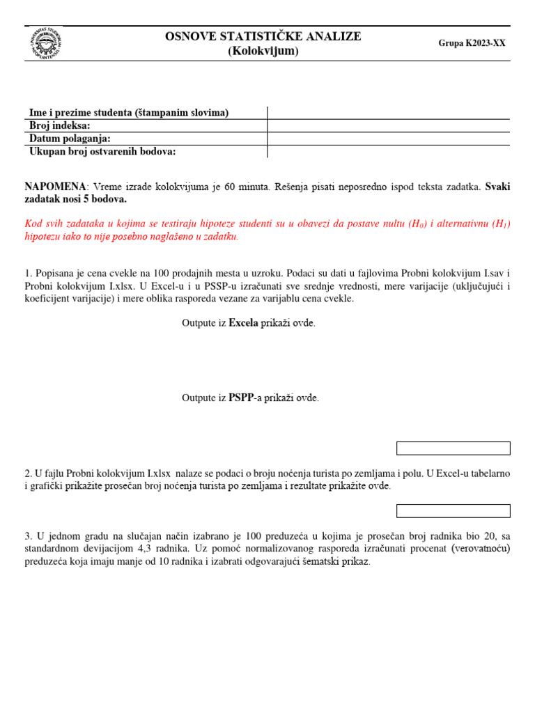 STATISTIKA - Probni Praktični Ispit | PDF