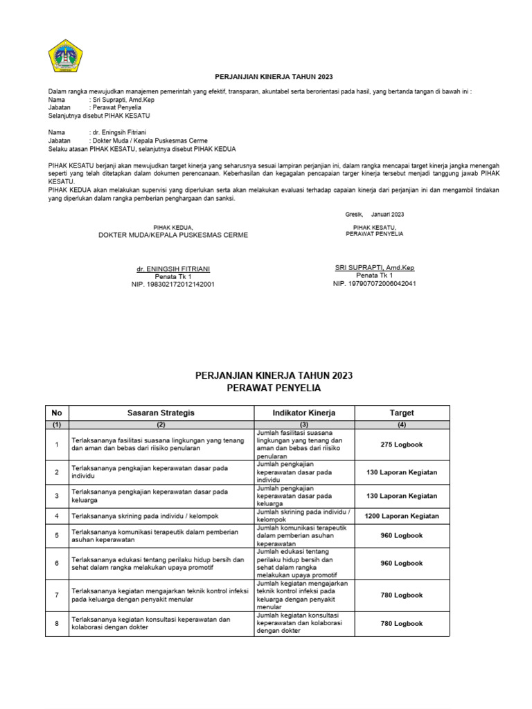 Perjanjian Kinerja Sri Suprapti | PDF