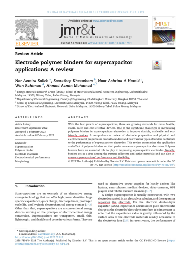 Electrode Polymer Binders For Supercapacitor Applications A Review ...