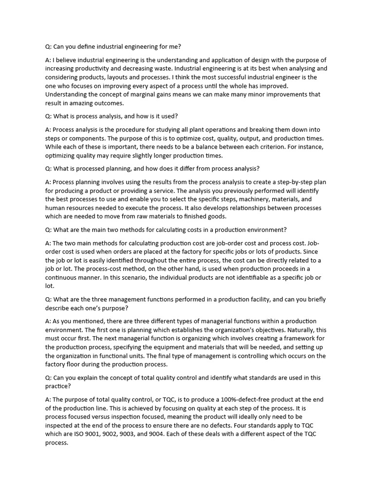 Interview Questions - Industrial Engineering | PDF | Industrial ...