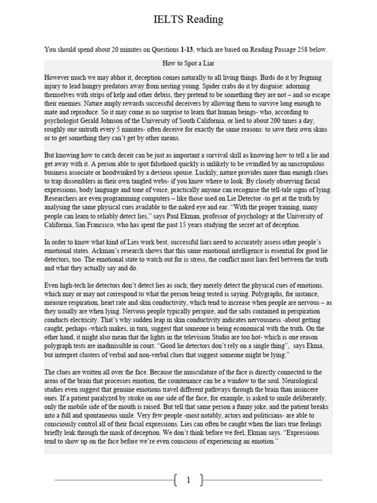 Reading 1 - IELTS Mentor - How To Spot A Liar | Download Free PDF | Polygraph | Deception
