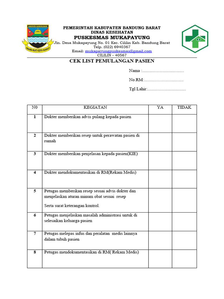 Cek List Pemulangan Pasien Puskesmas | PDF