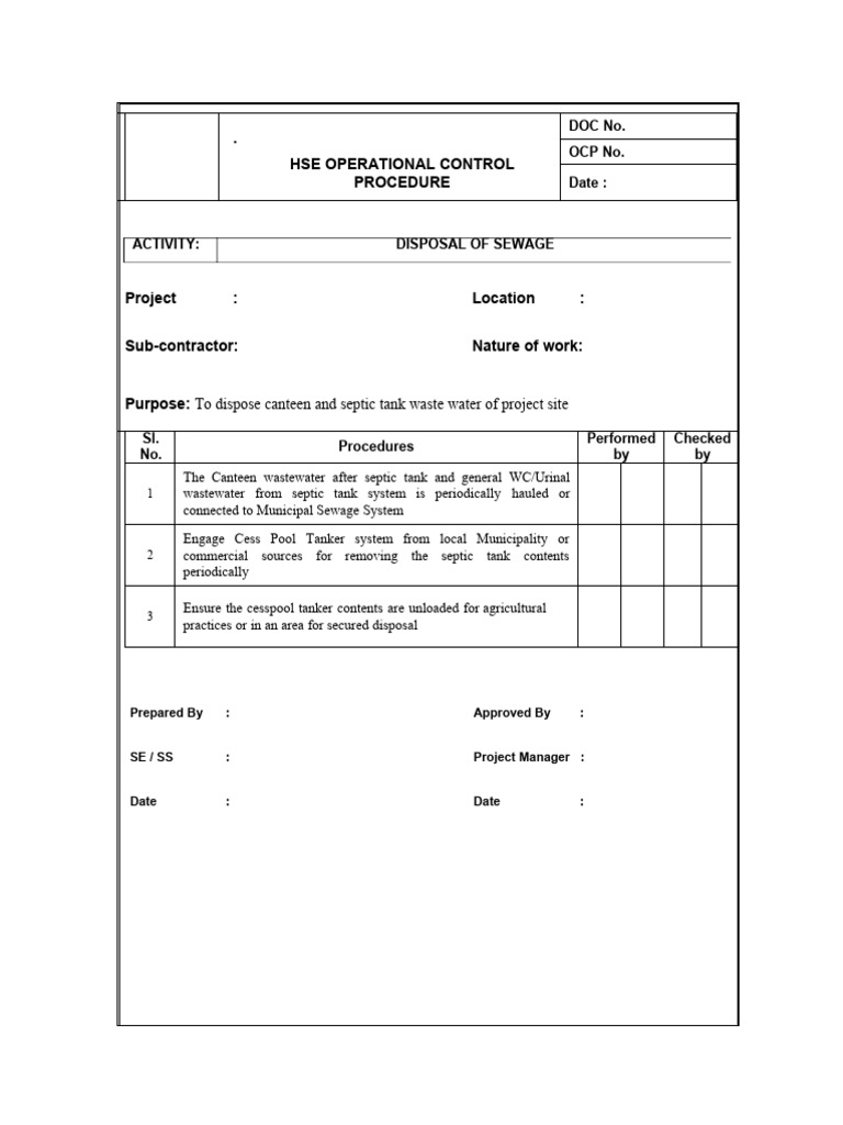 HSE Operational Control Procedure For Disposal of Sewage | PDF