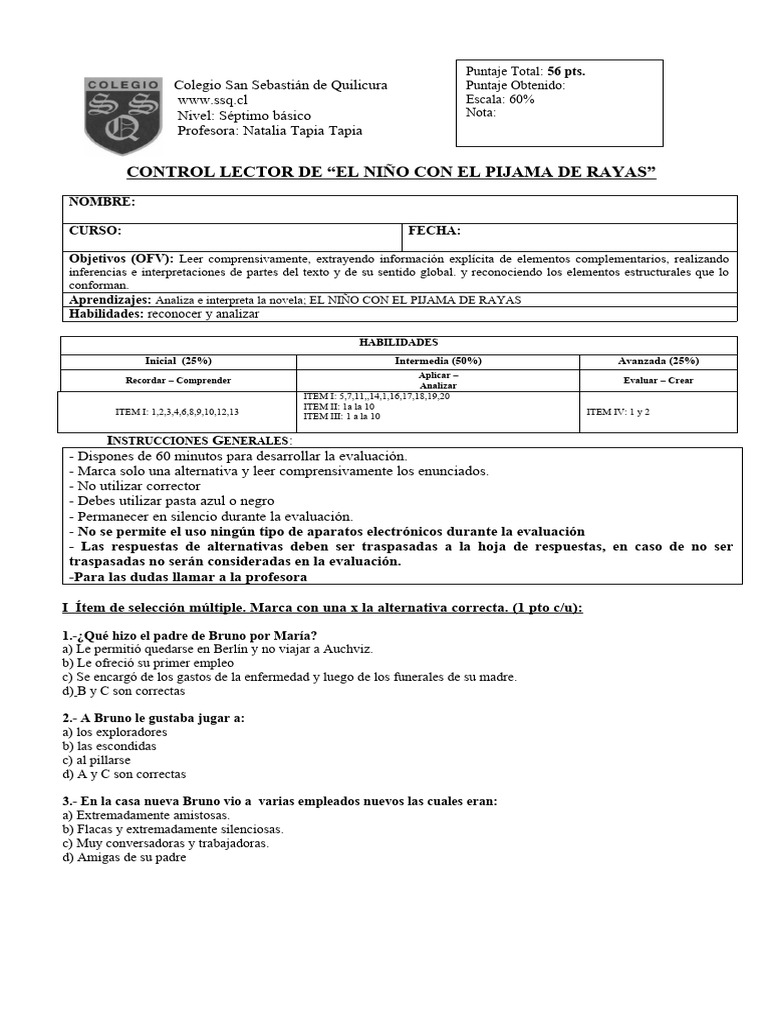 Prueba El Niño Con El Pijama de Rayas 2018 | PDF