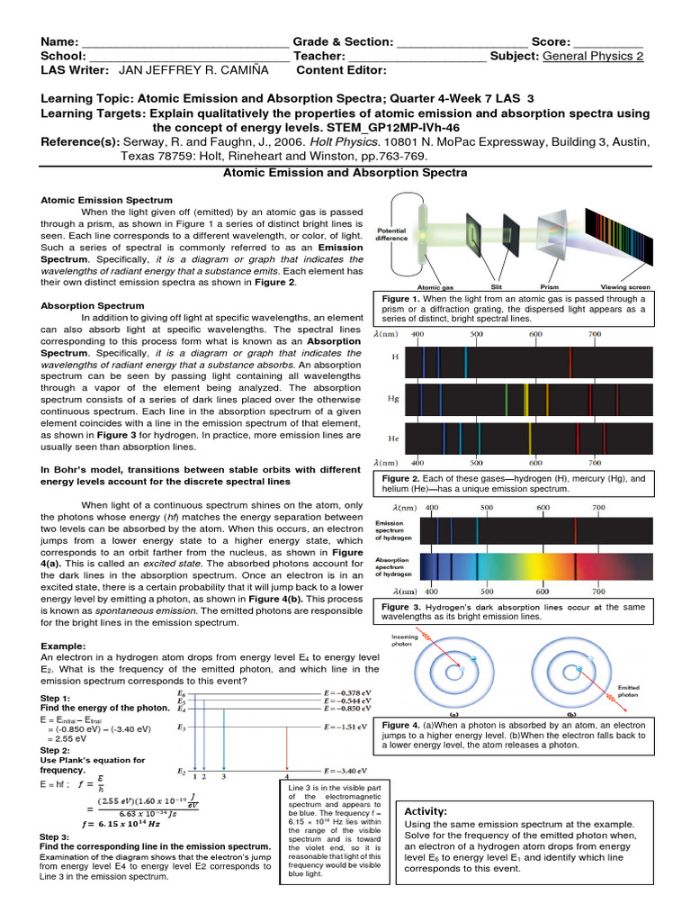 Q4 - WEEK 7 - LAS - 3 Atomic Emission and Absorption | PDF | Emission ...
