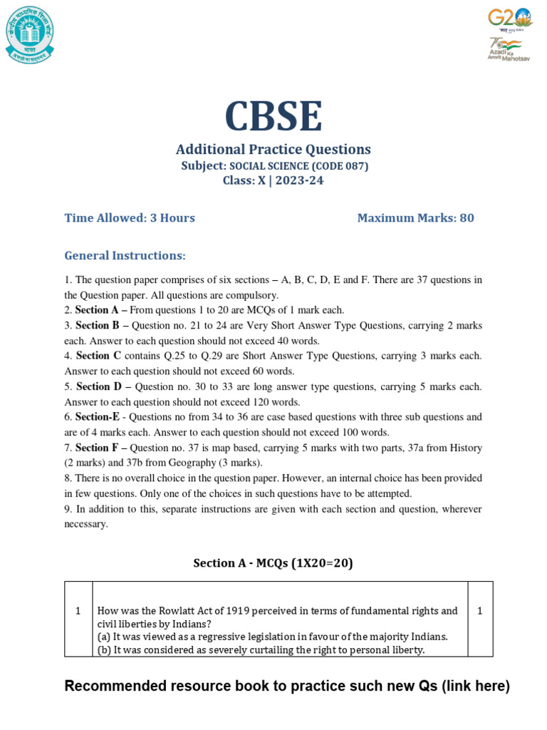 Class 10 Social Science Sample Paper 2023-24 | PDF | Poverty | Poverty ...