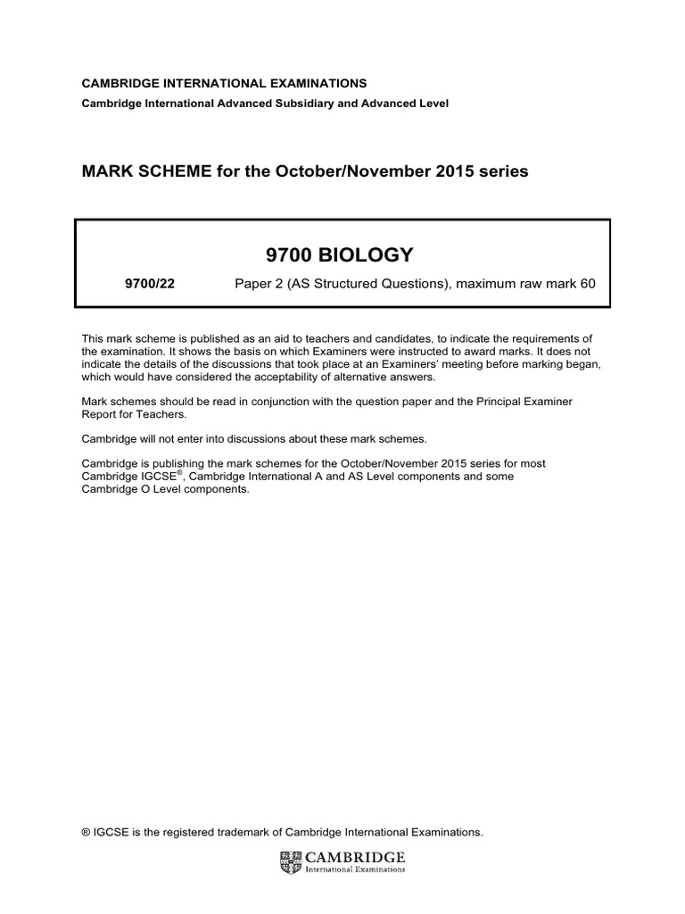 9700 BIOLOGY: MARK SCHEME For The October/November 2015 Series | PDF ...