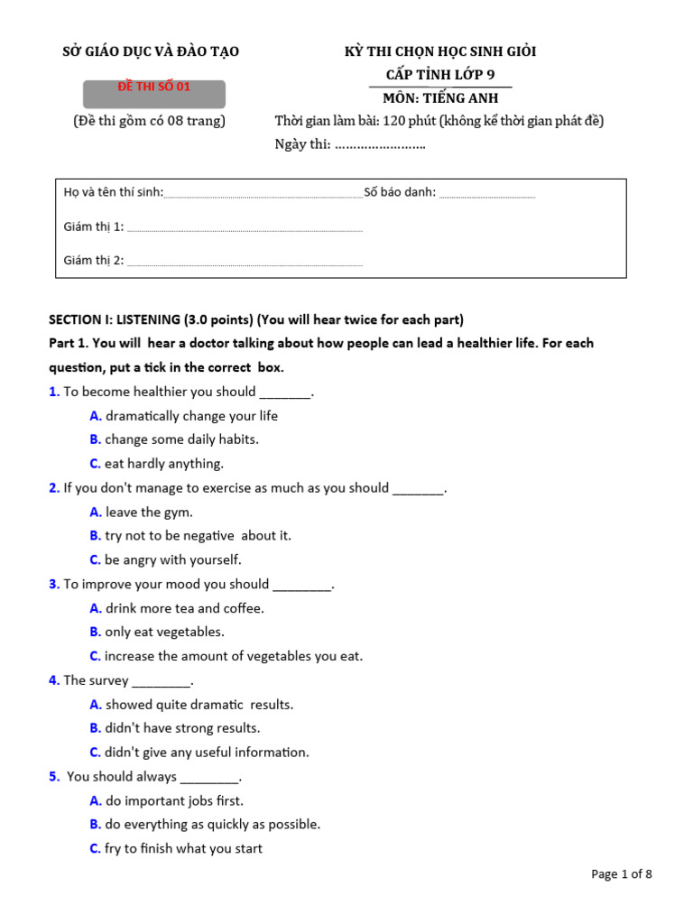 ĐỀ SỐ 01-HSG ANH 9 TỈNH | PDF | Ion | Electrical Conductor