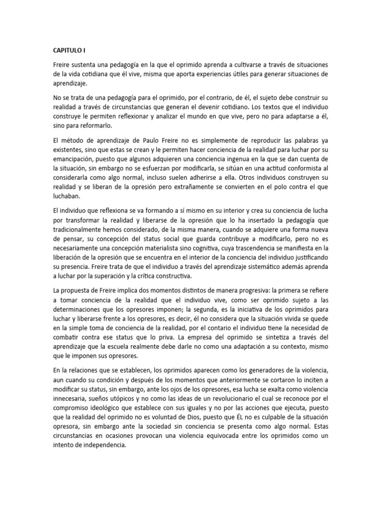 Resumen Cap 1-2-3 Pedagogia Del Oprimido | PDF | Pensamiento | Aprendizaje