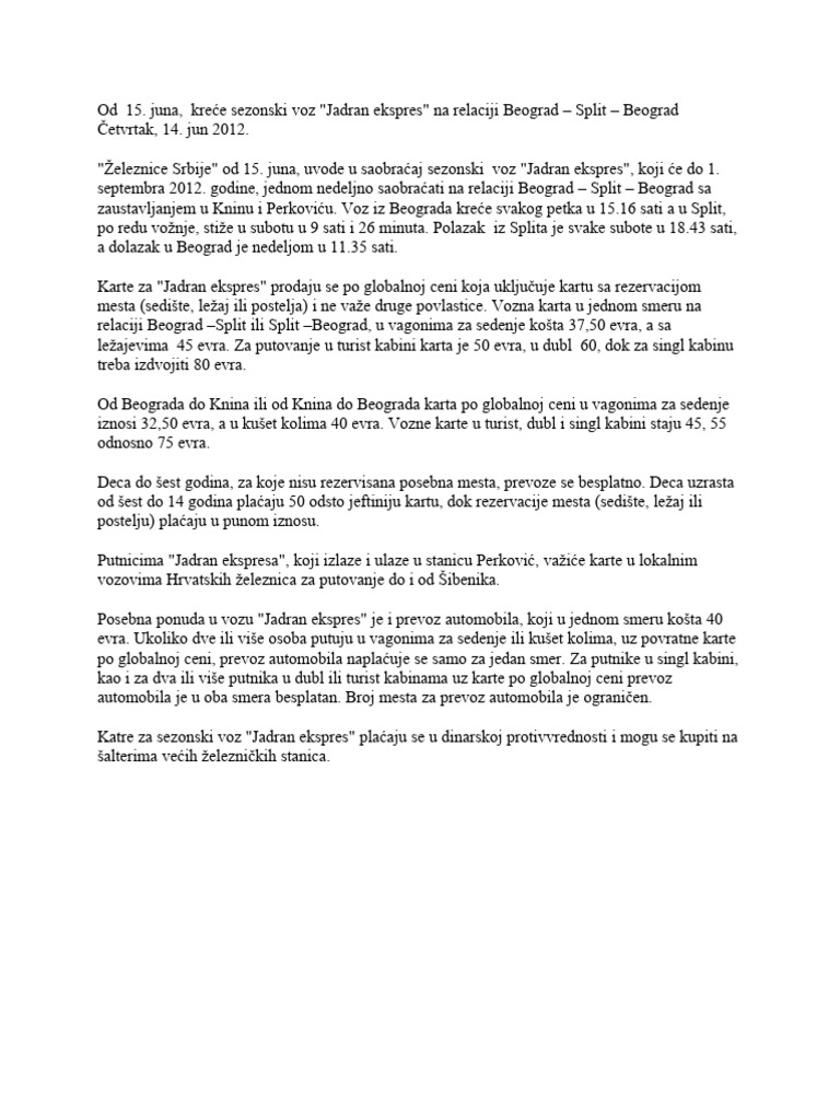 Od 15. Juna Kreće Sezonski Voz Jadran Ekspres Na Relaciji Beograd ...