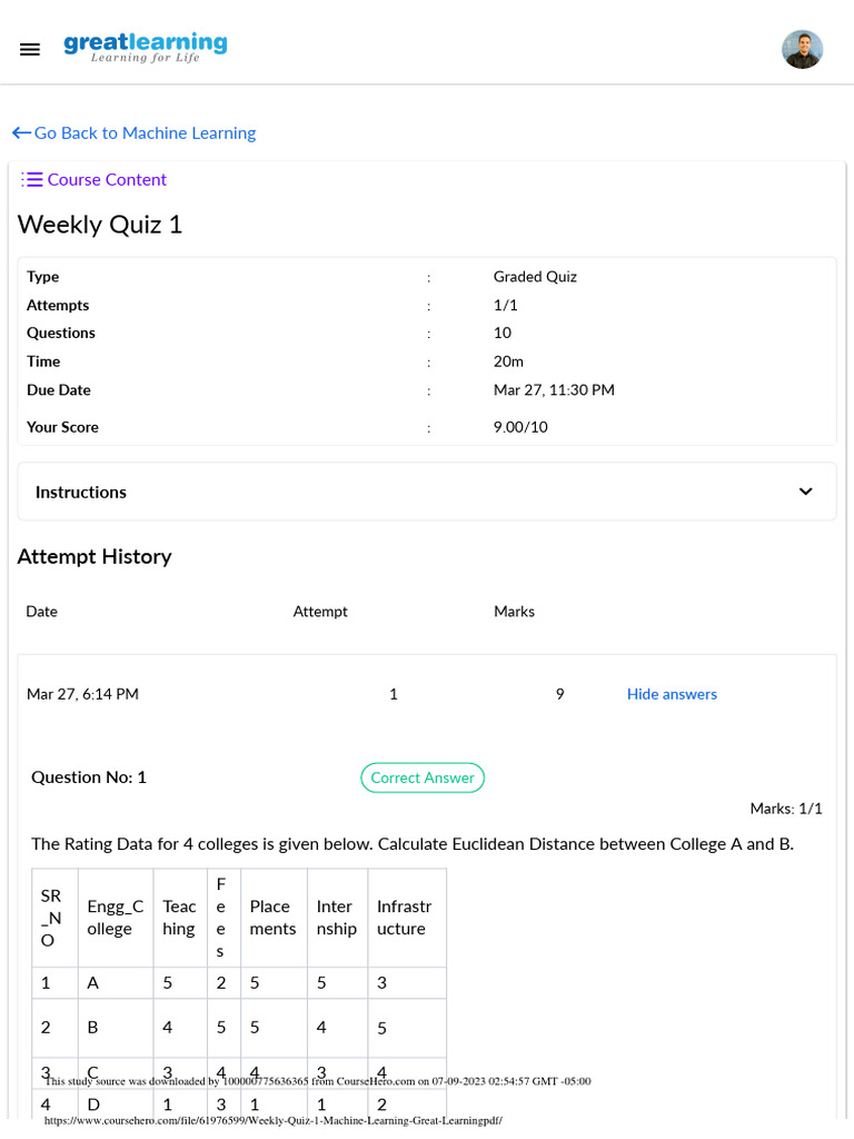 Weekly Quiz 1 Machine Learning Great Learning PDF | PDF | Cluster ...