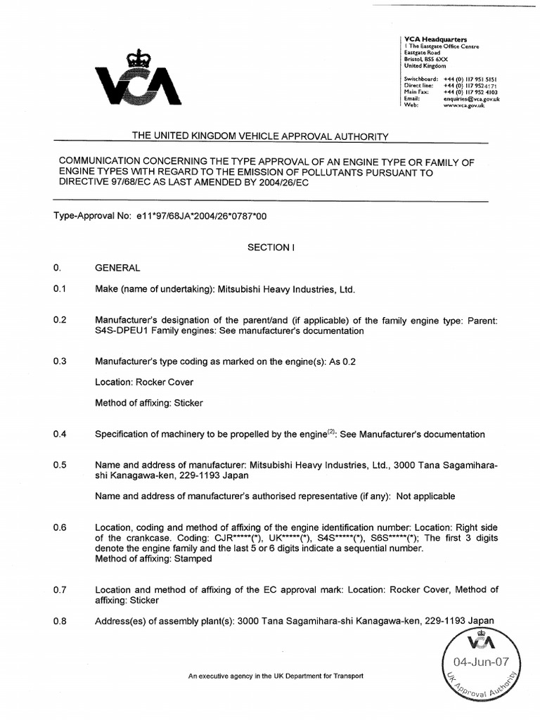 EU-Stage-3A-S6S (欧3A认证) Emission certificate of Mitsubishi S6S engine | PDF