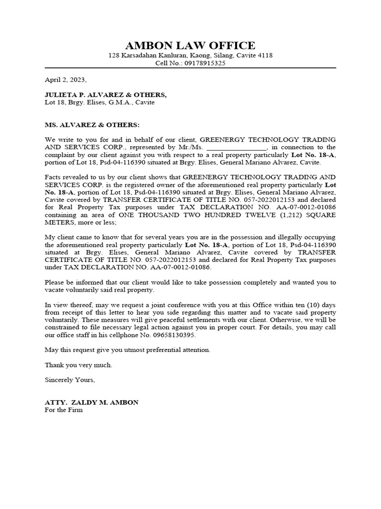 Demand Letter - Illegal Occupancy and To Vacate (Greenergy Technology ...