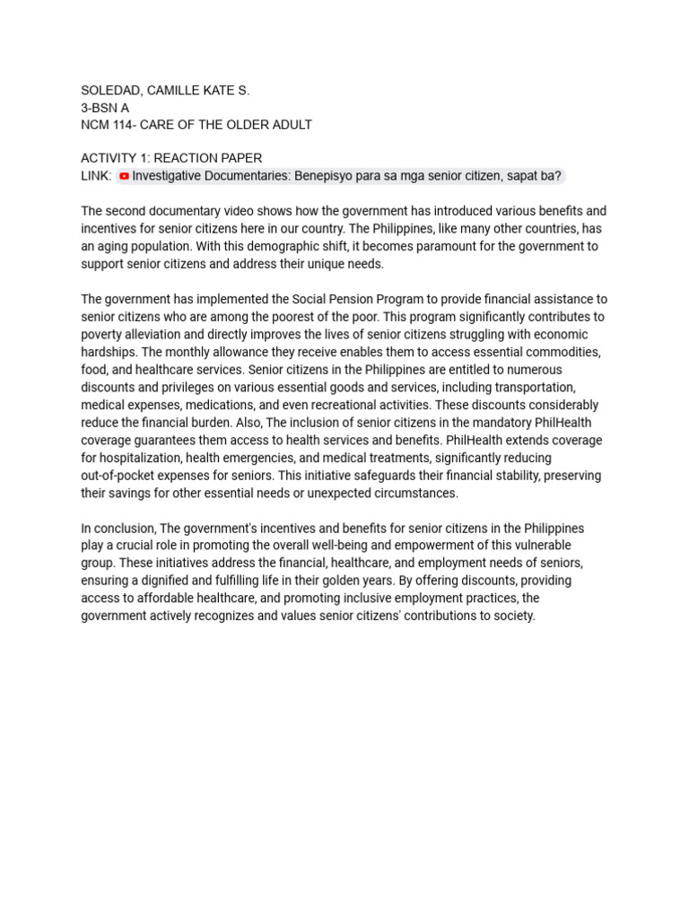 Soledad-Reaction Paper | PDF | Welfare | Old Age