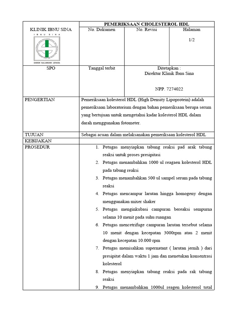 Spo Pemeriksaan Cholesterol HDL Metode Fotometer | PDF | Sains & Matematika