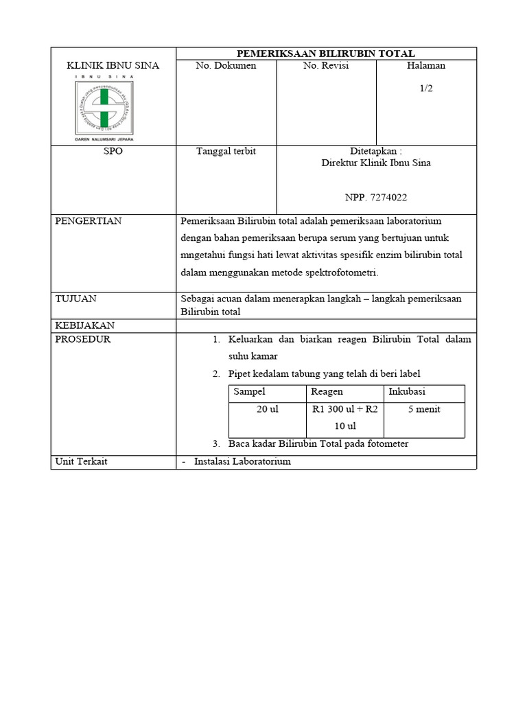 Spo Pemeriksaan Bilirubin Total Metode Fotometer | PDF