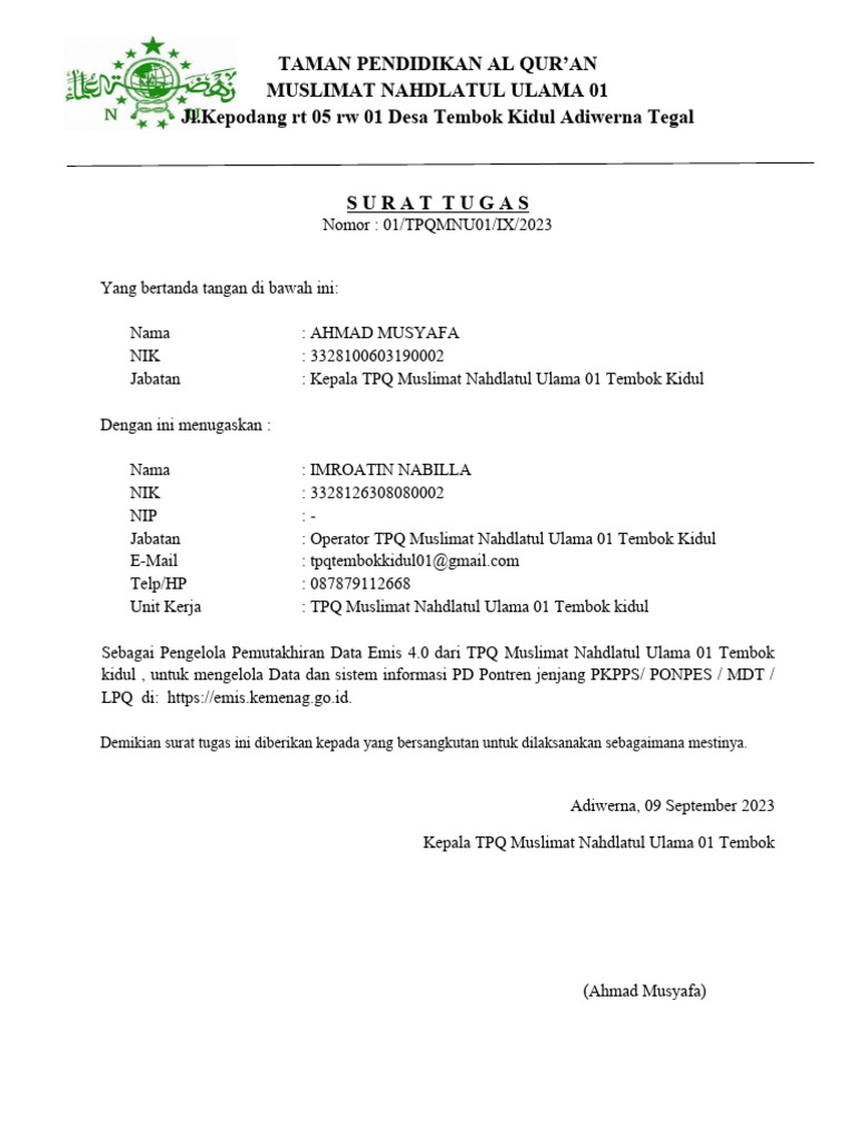 Surat Tugas TPQ | PDF