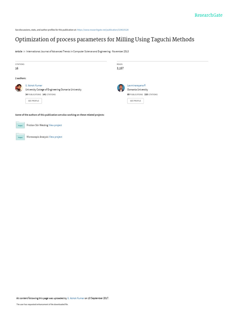 Optimization Of Process Parameters For Milling Using Taguchi Methods Pdf Machining