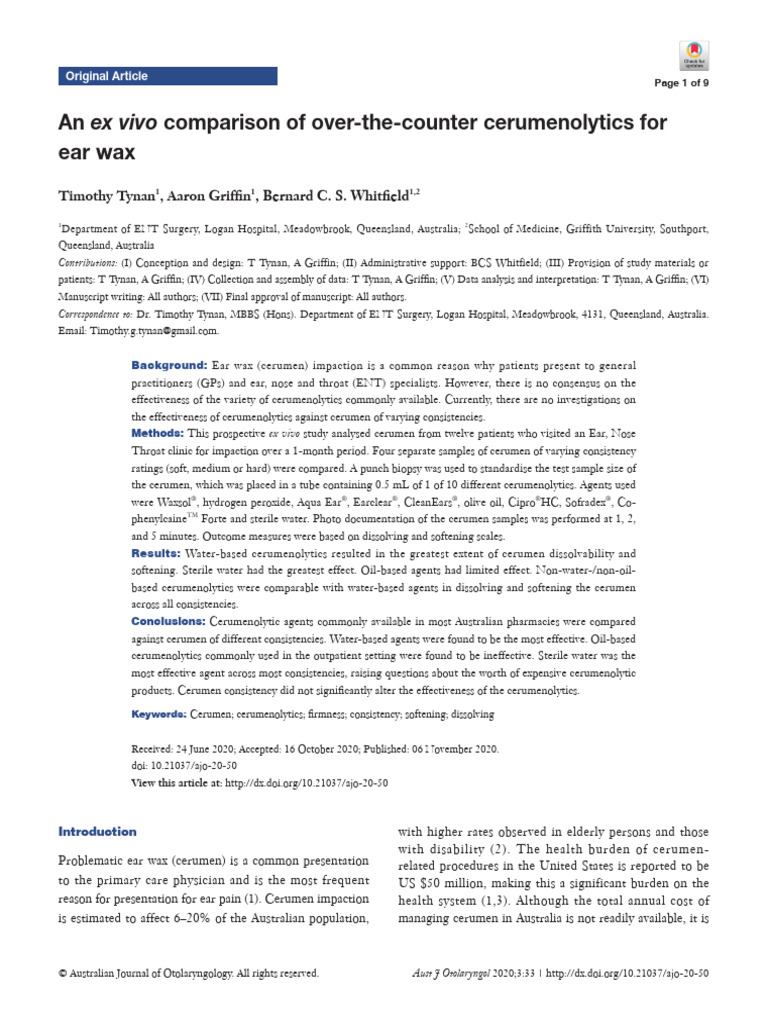 An Ex Vivo Comparison of Over-The-Counter Cerumenolytics For Ear Wax ...