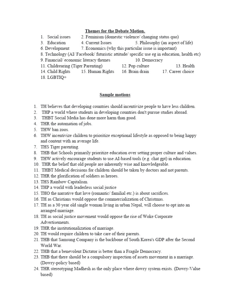 Debate Motion Themes and Examples | PDF