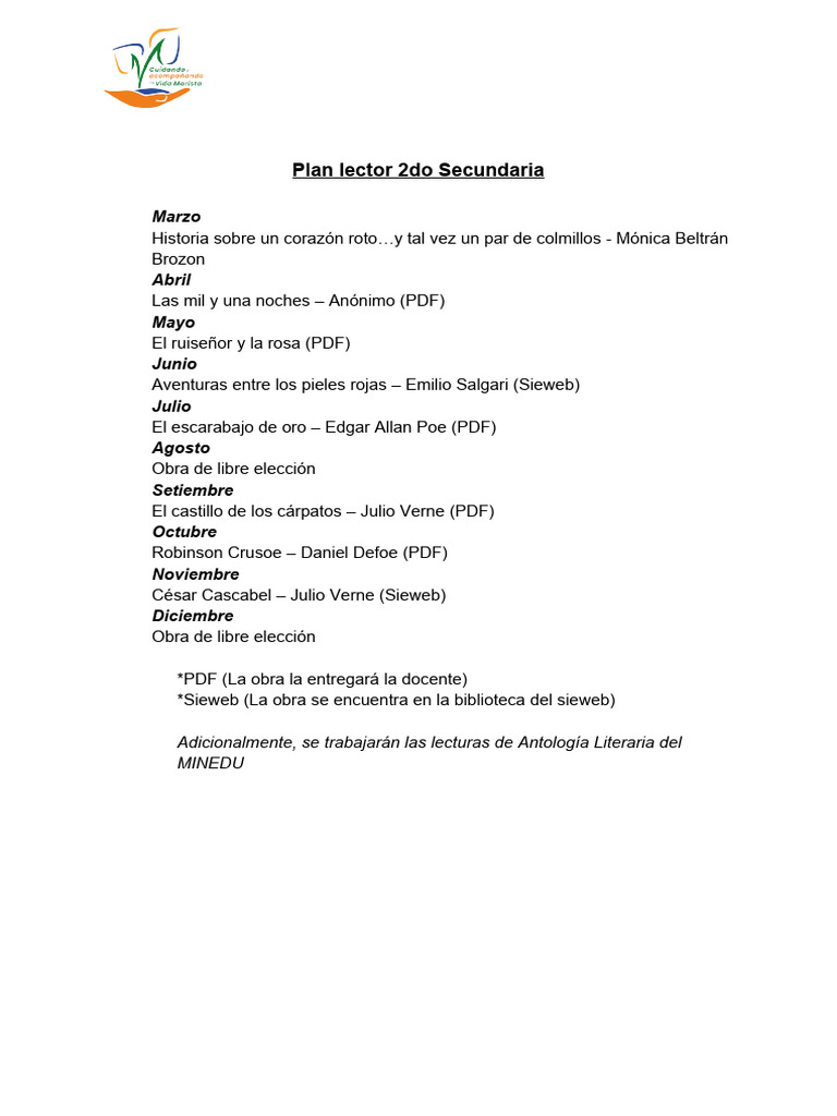 Plan Lector 2do Secundaria | PDF | Libros para adolescentes