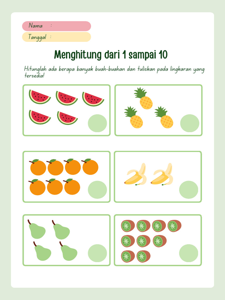 Berwarna Lembar Kerja Menghitung Angka 1 Sampai 10 | PDF
