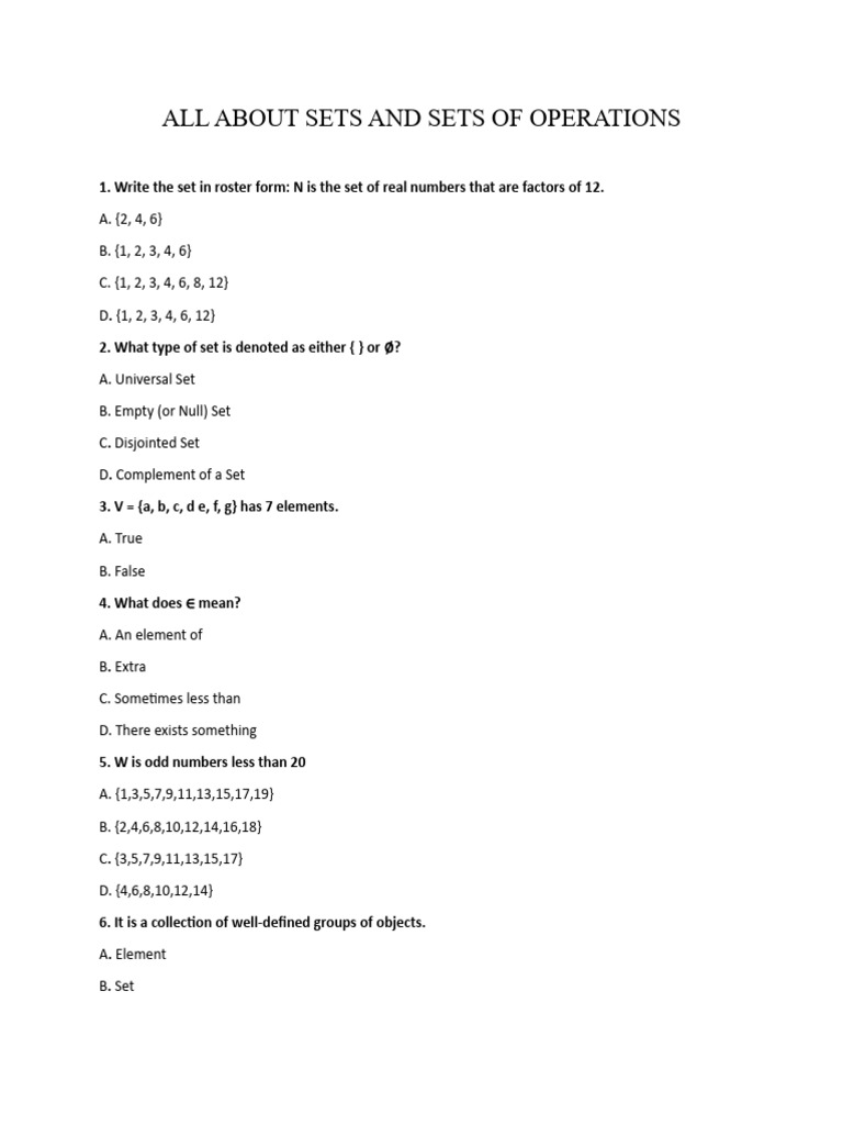ALL ABOUT SETS AND SETS OF OPERATIONS (Exam) | PDF | Set (Mathematics ...