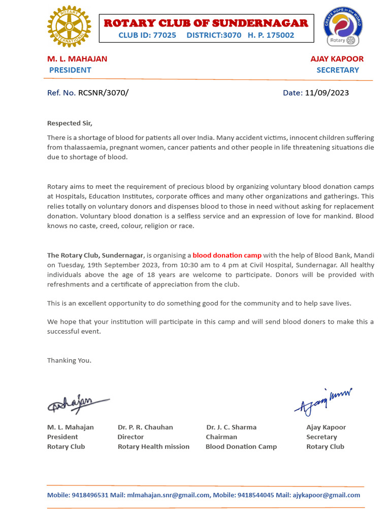 Blood Camp Request Letter | PDF