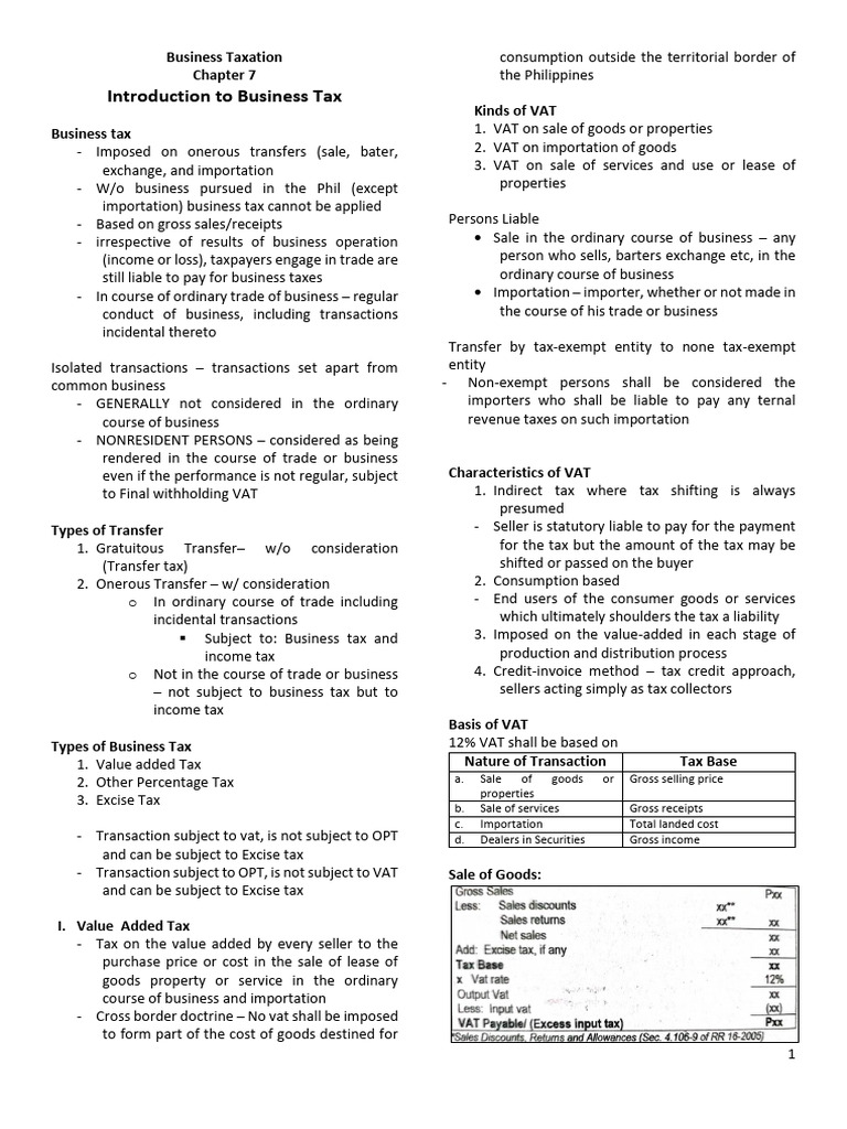 Business Tax Chapter 7 Reviewer Download Free Pdf Value Added Tax Taxes