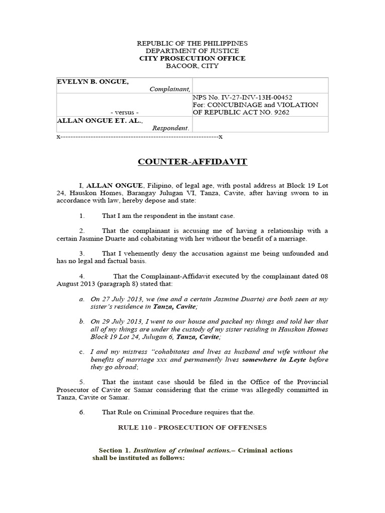 Counter-Affidavit in Concubinage Case | PDF | Affidavit | Prosecutor