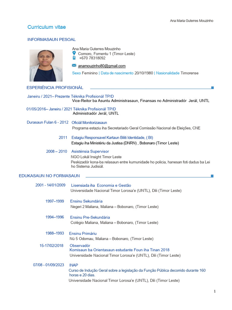 CV Ana Maria Guteres Mouzinho | PDF | Timor Leste | Universidades e ...