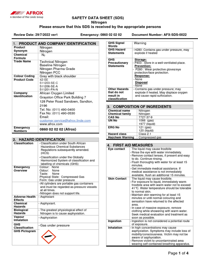 AFX-SDS-0022 Nitrogen Safety Data Sheet July 2022 | PDF | Dangerous Goods | Personal Protective ...