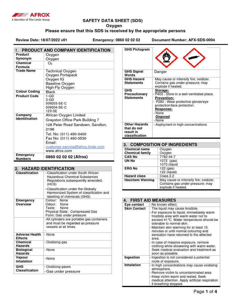 Oxygen Safety Data Sheet (SDS) | PDF | Dangerous Goods | Personal ...