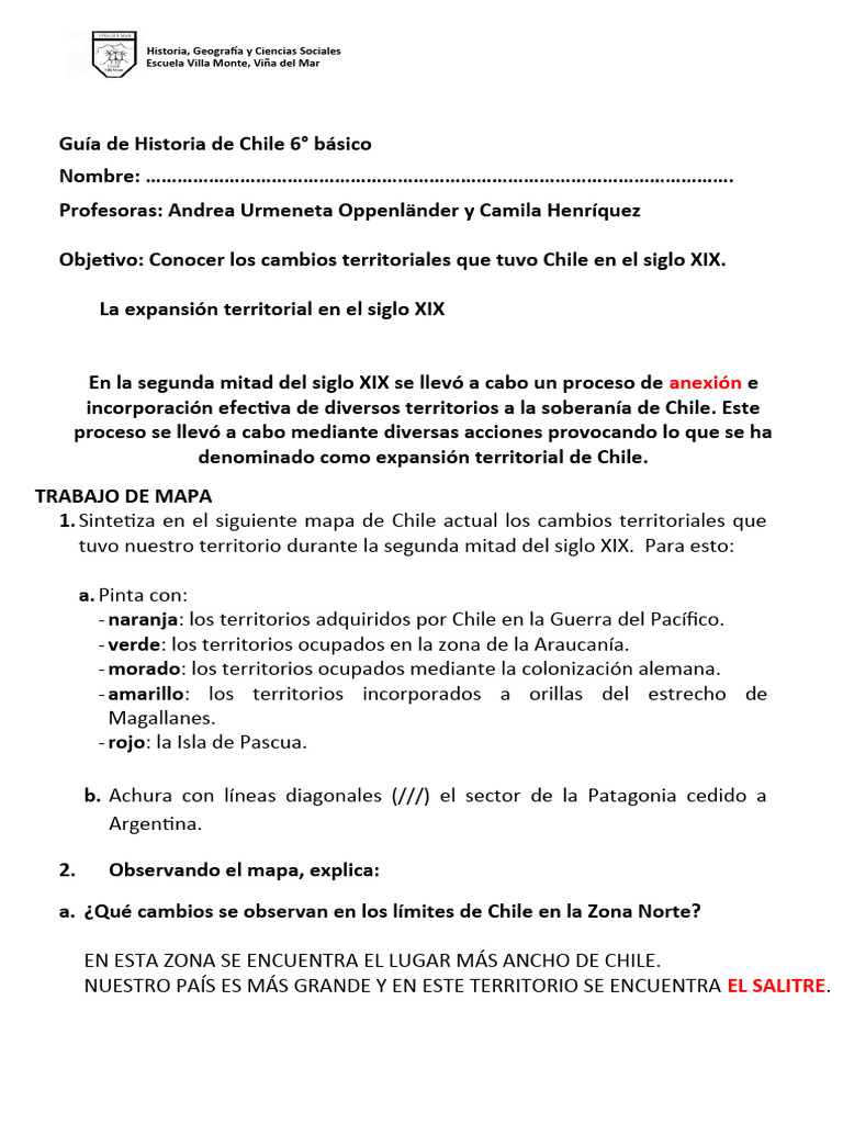 Guía de Historia 6° Básico Expansión Territorial Siglo Xix | PDF ...