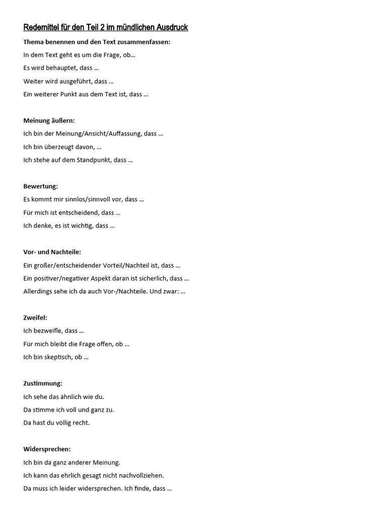 Redemittel für den Teil 2 Mündlicher Ausdruck İm TELC B2- Prüfung | PDF
