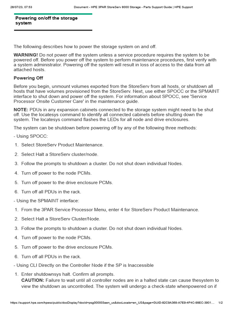 Document - HPE 3PAR StoreServ 8000 Storage - Power Off-On Procedure | Download Free PDF ...